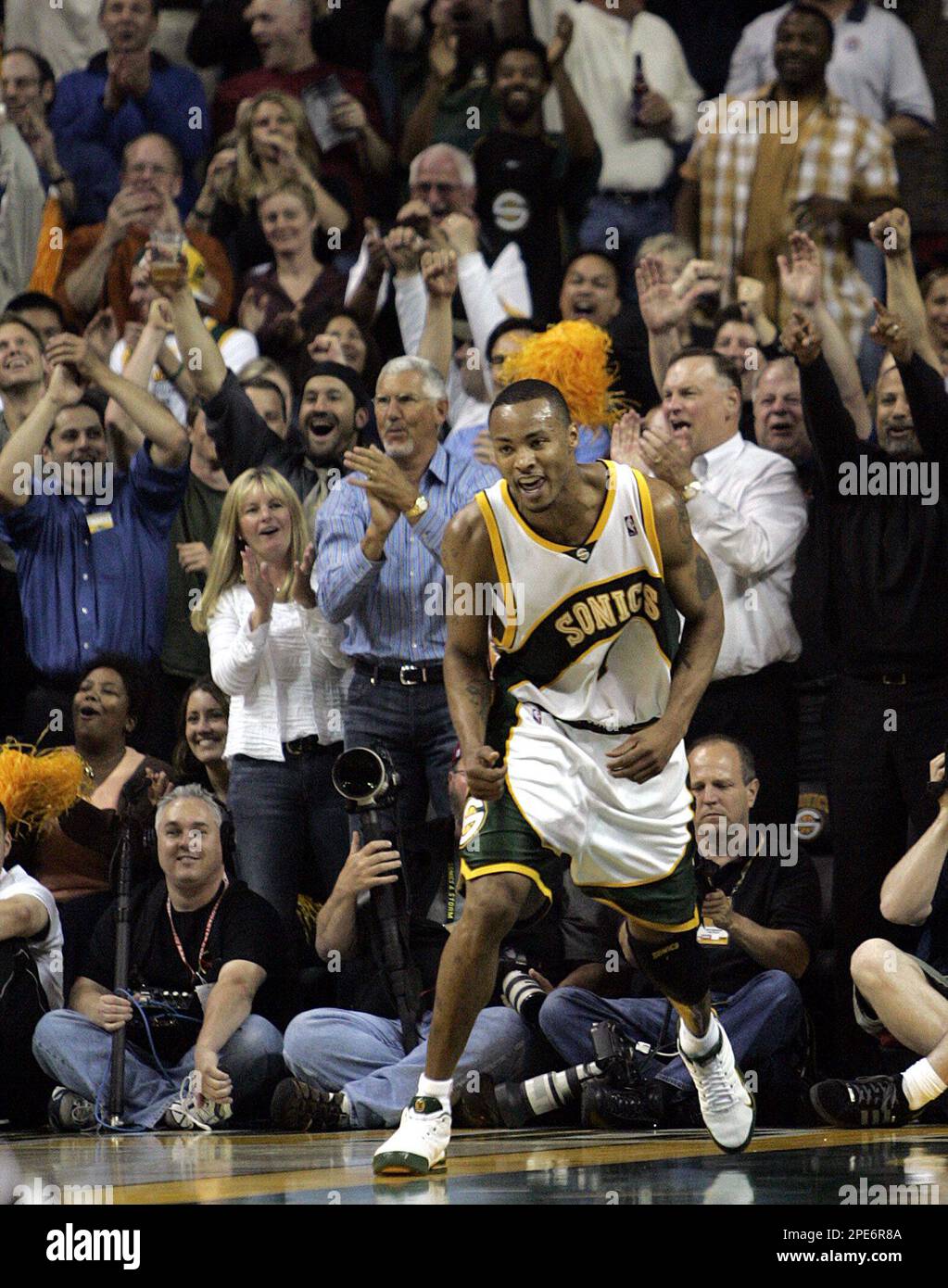 Seattle SuperSonics forward Rashard Lewis celebrates with the crowd in ...