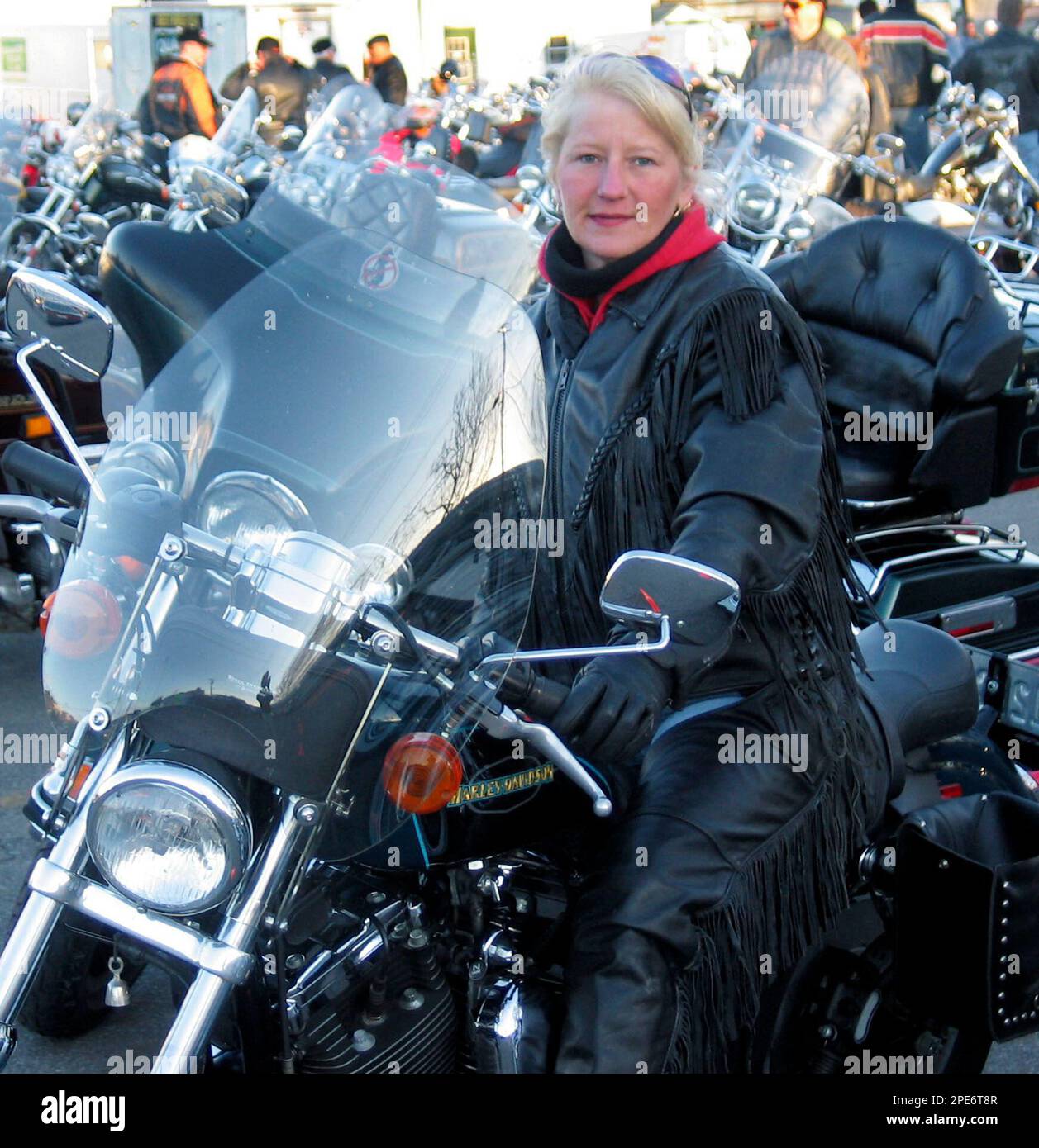 Nova Chasser is shown on her Harley-Davidson Sportster 1200 after riding to a regular Bike Night ...