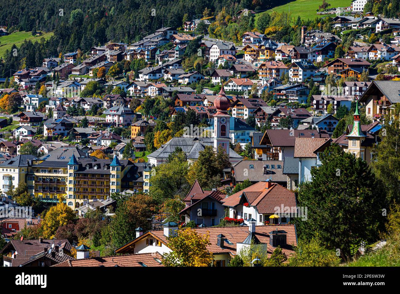 Village view of the tourist town of Sankt Ulrich, Val Gardena ...