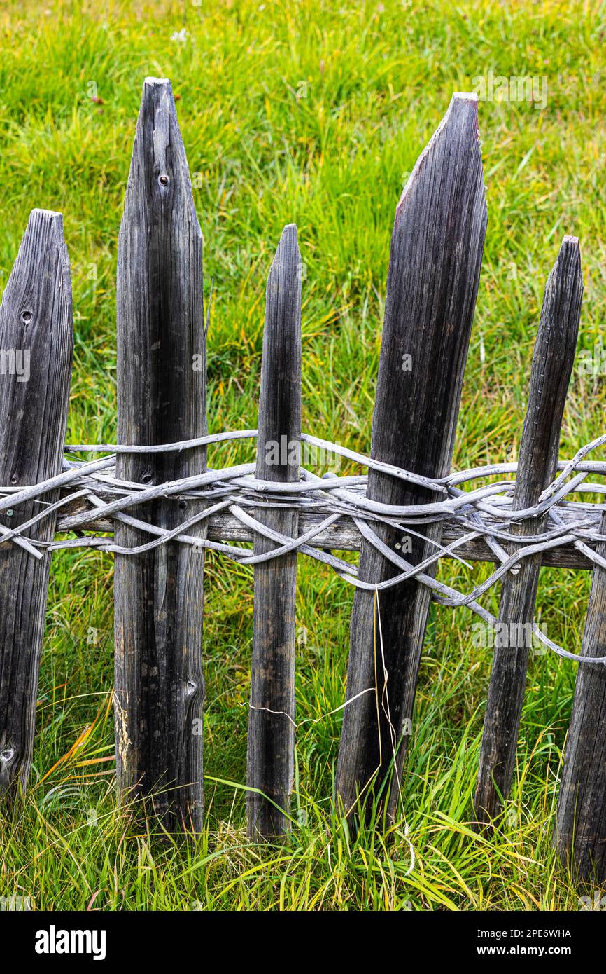 Wooden picket fence, Alpe di Siusi Val Gardena, Dolomites, South Tyrol ...