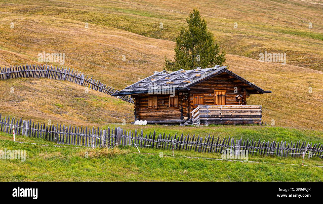 Alpine hut in autumnal alpine meadow, surrounded by a wooden picket ...