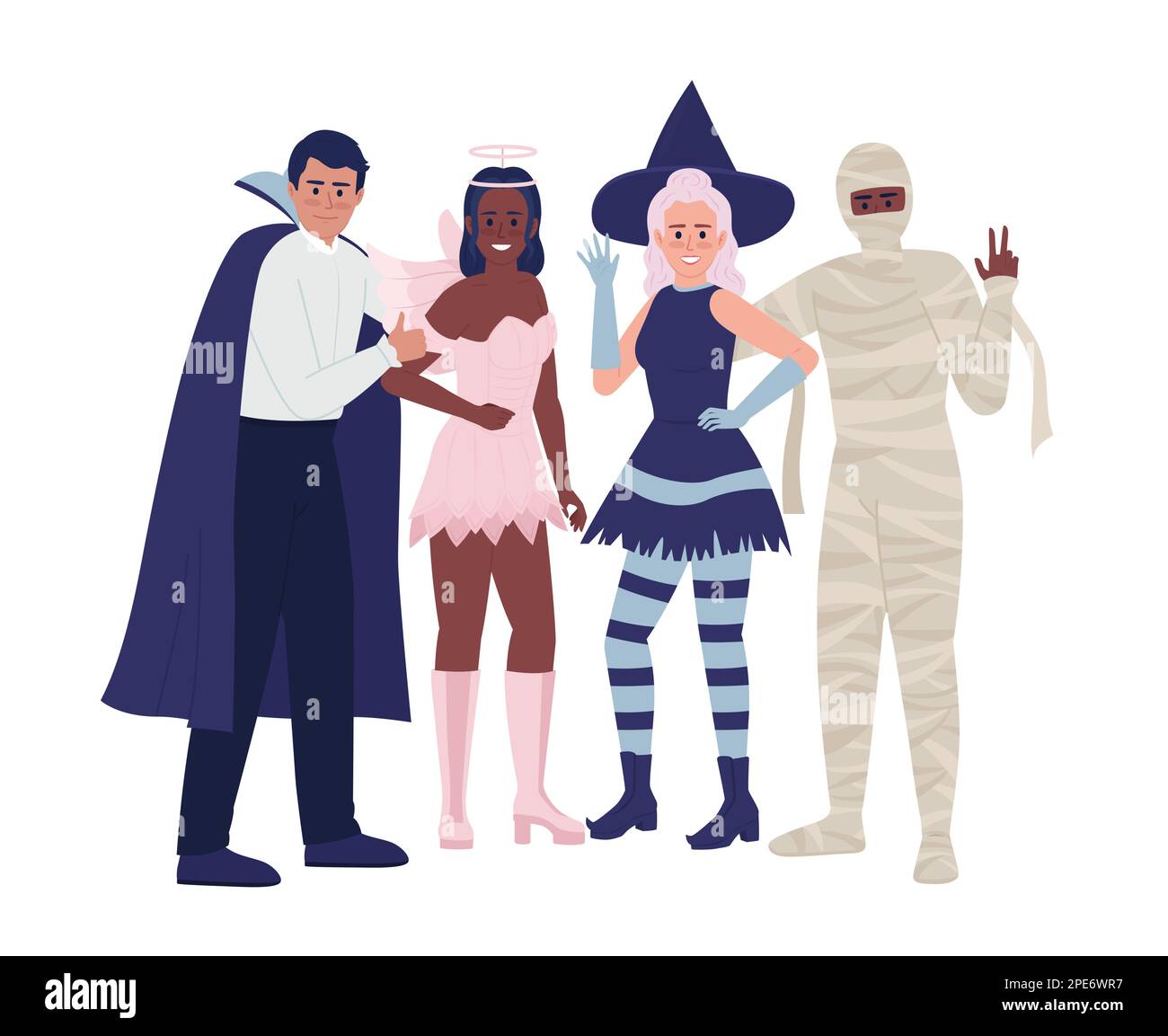 Friends in costumes posing together on party semi flat color vector ...