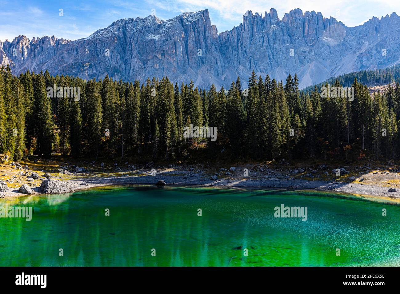 Emerald green Lake Carezza, behind a spruce forest and the peaks of the ...