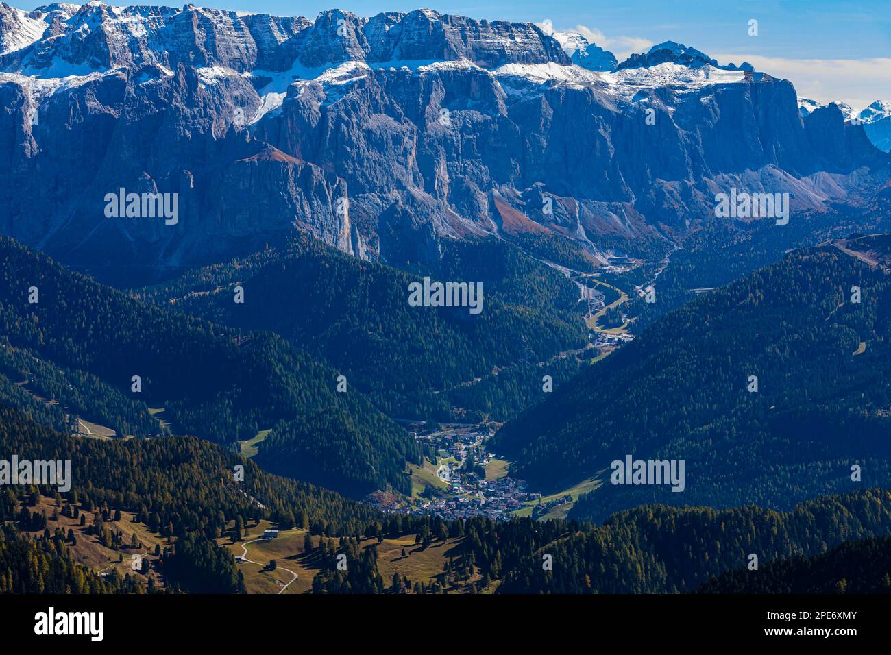 The tourist town of Selva Gardena, view from the Seceda peak, in the ...