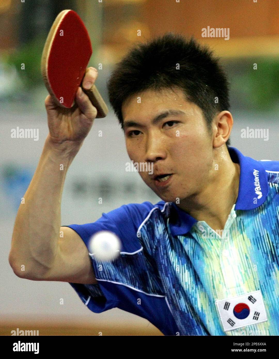 South Korea's Ryu Seung-min plays a shot during his match against North ...