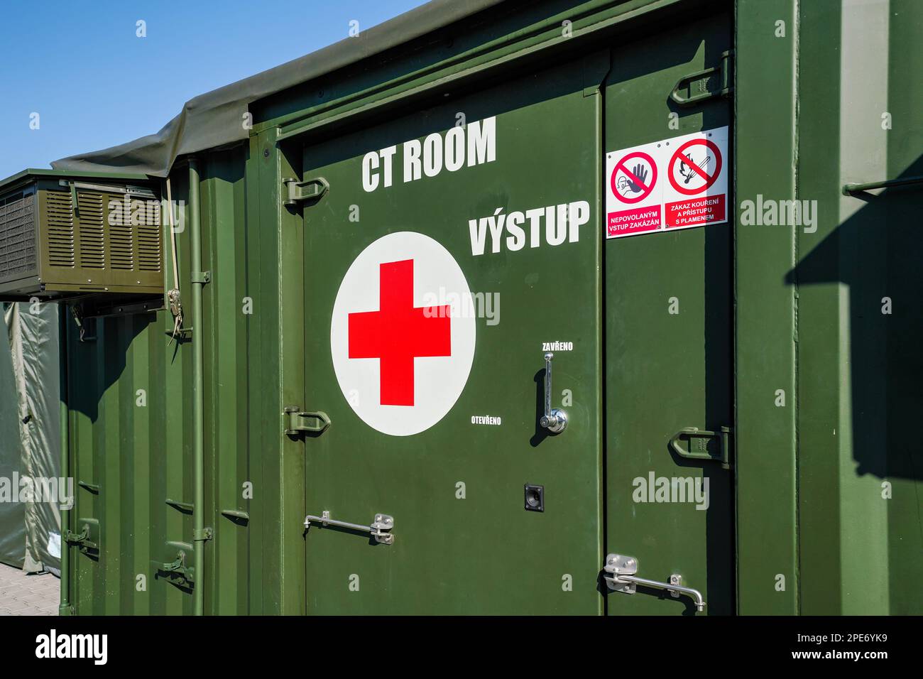 Brno, Czechia - October 08, 2021: Green metal army container boxes with ...
