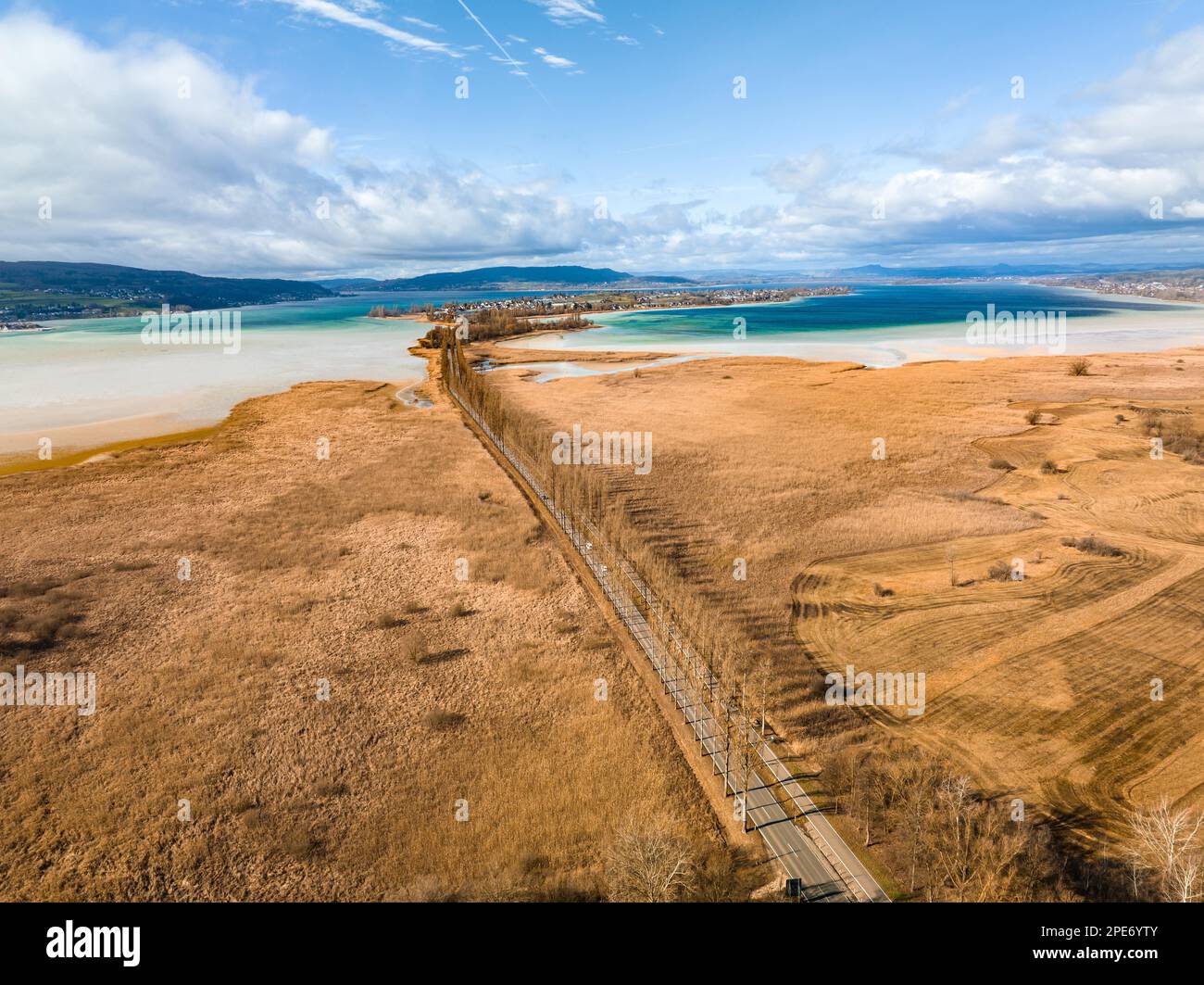 Aerial view of the road to Reichenau Island, Lake Constance, Germany ...