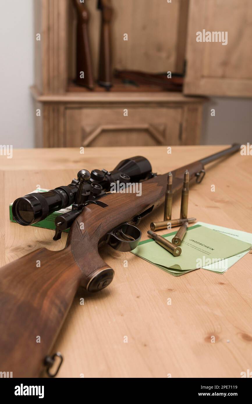 Decorated hunting weapons with ammunition, hunting license and gun ...