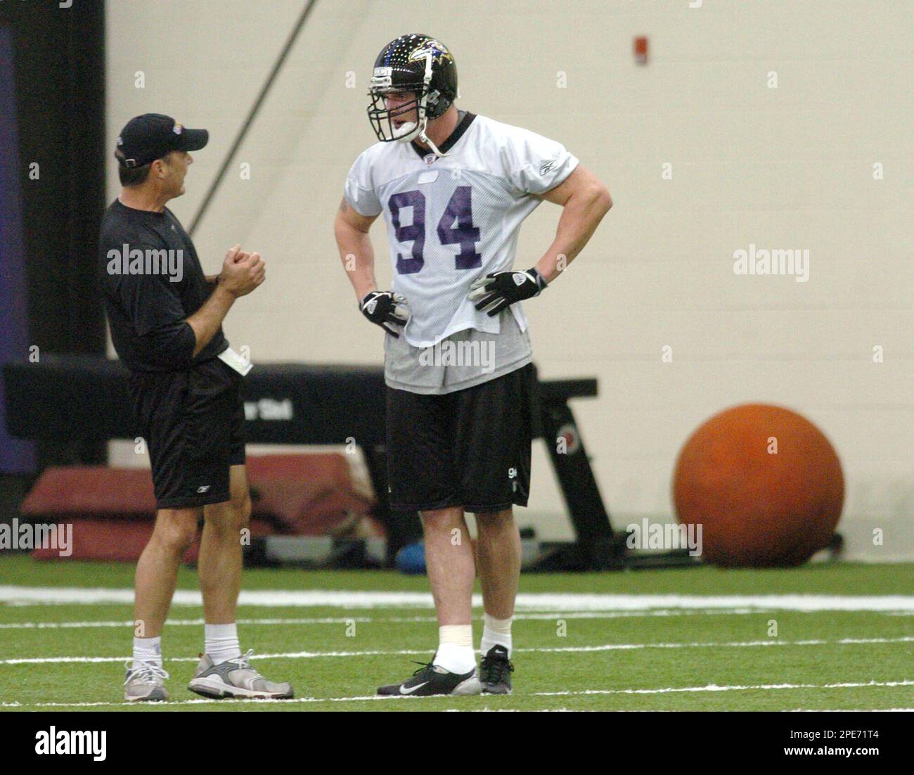 Second round draft pick outside linebacker Dan Cody, from Oklahoma, listens to Baltimore Ravens ...