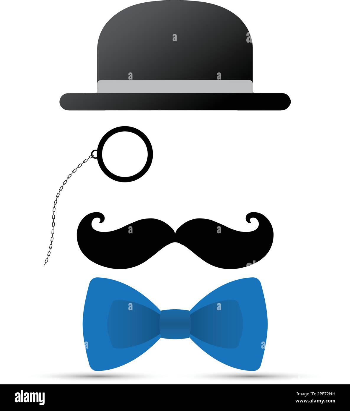 Black mustache, monocle, hat and blue bowtie on white background Stock ...