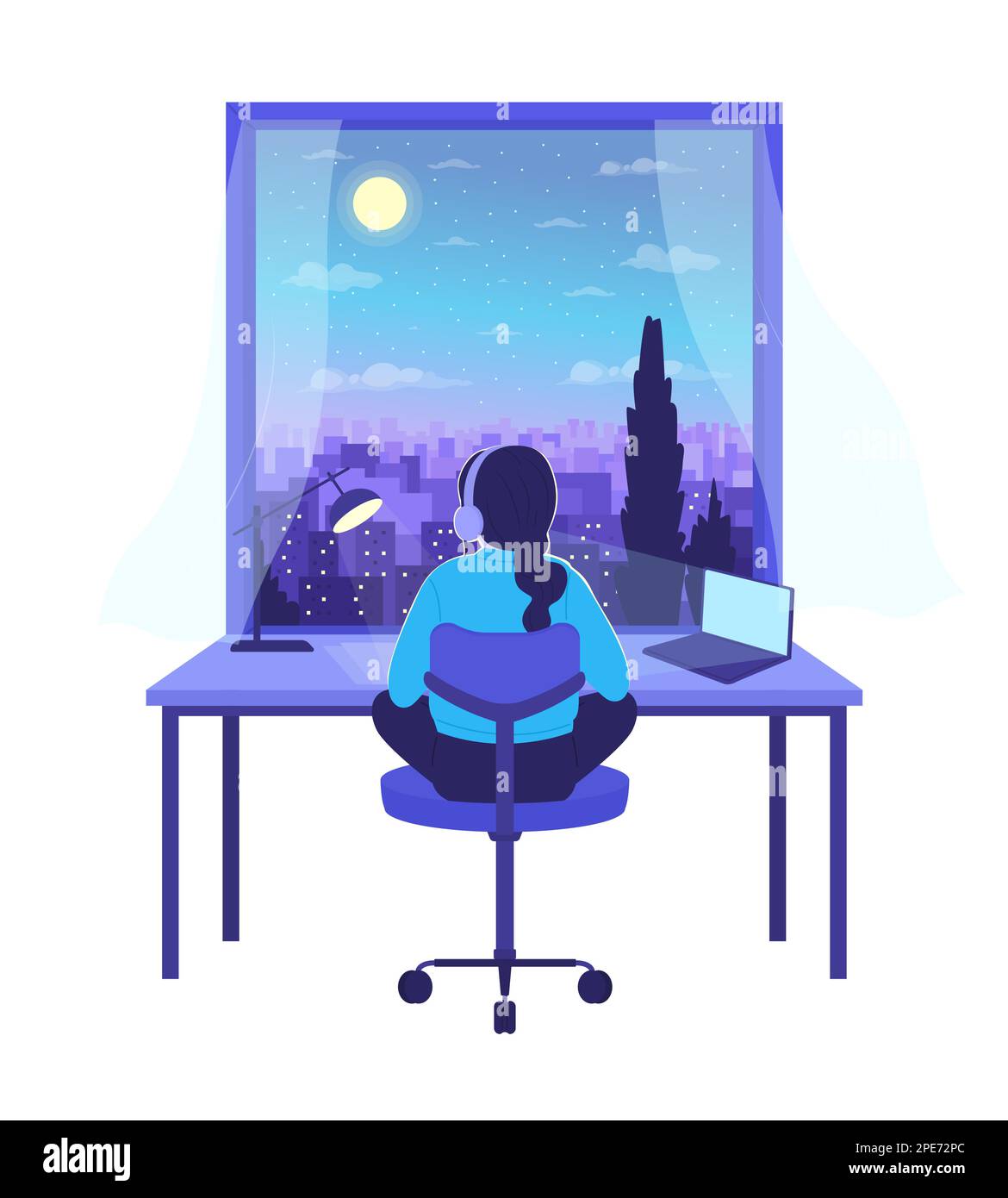 Girl studying at nighttime with lo-fi music semi flat color vector ...