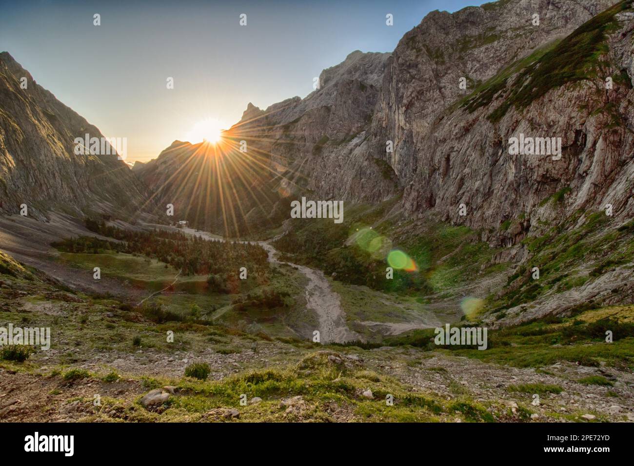 Mountain hiking trail with a view of the rocks. Zugspitze massif in the ...