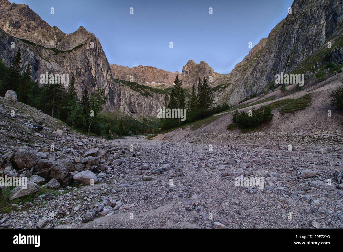 Mountain hiking trail with a view of the rocks. Zugspitze massif in the ...