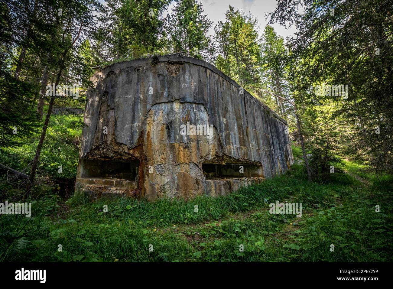 Abandoned, destoyed concrete bunker with embrasure in summer forest ...