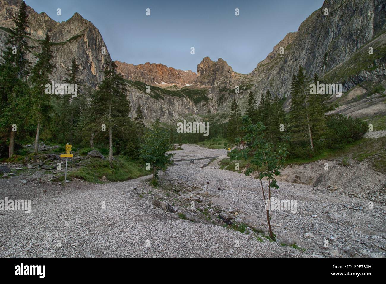 Mountain hiking trail with a view of the rocks. Zugspitze massif in the ...