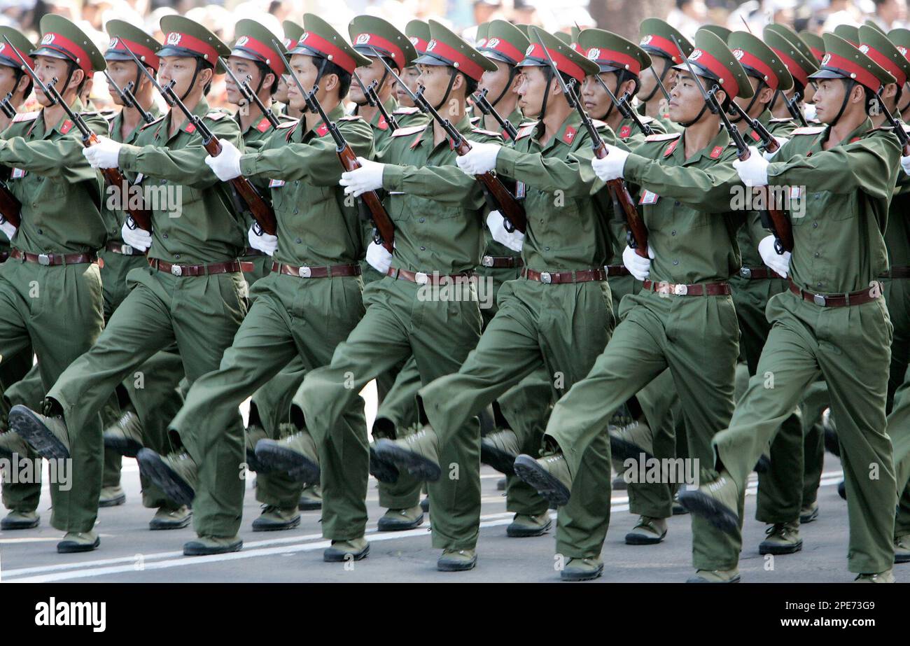 Vietnamese soldiers march during the 30th anniversary commemoration ...