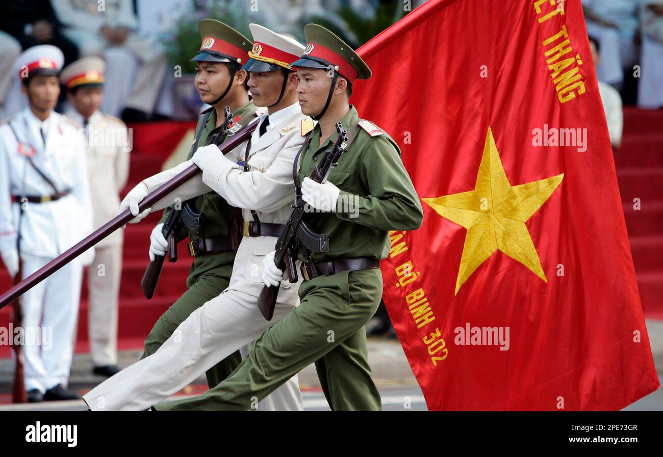 Vietnamese soldiers march during the 30th anniversary commemoration ...