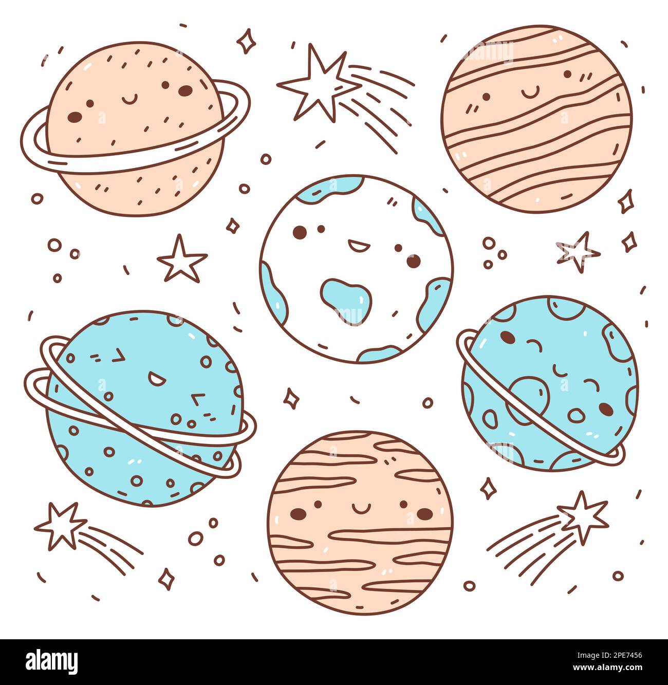 Set of cute smiling planets and stars isolated on white background ...