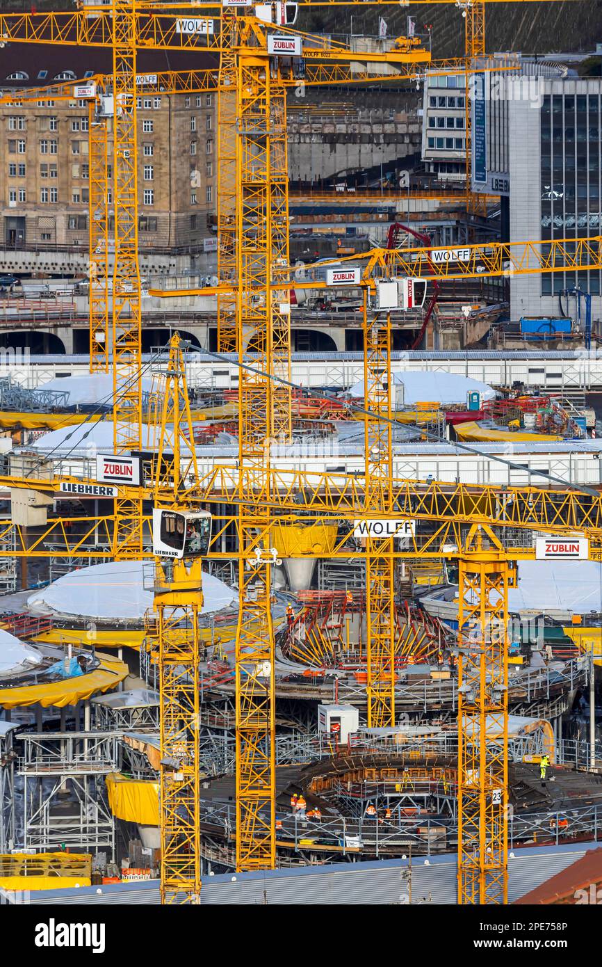 Large construction site for the new underground station with cranes. In ...