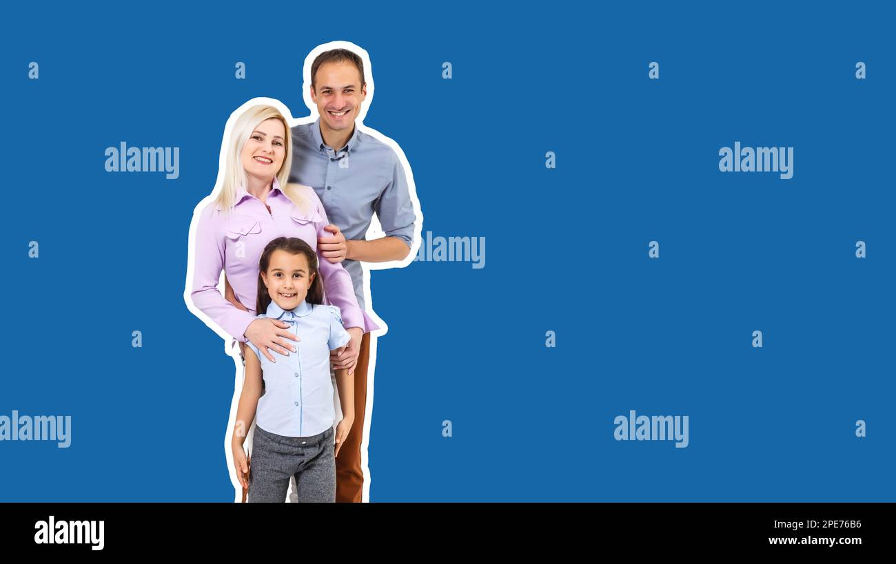 Happy family on a blue background Stock Photo - Alamy