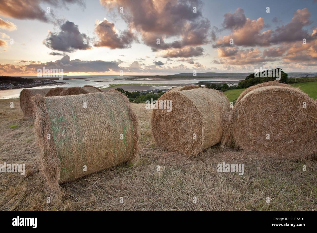 Large round hay bales in a coastal meadow at sunset with views of ...