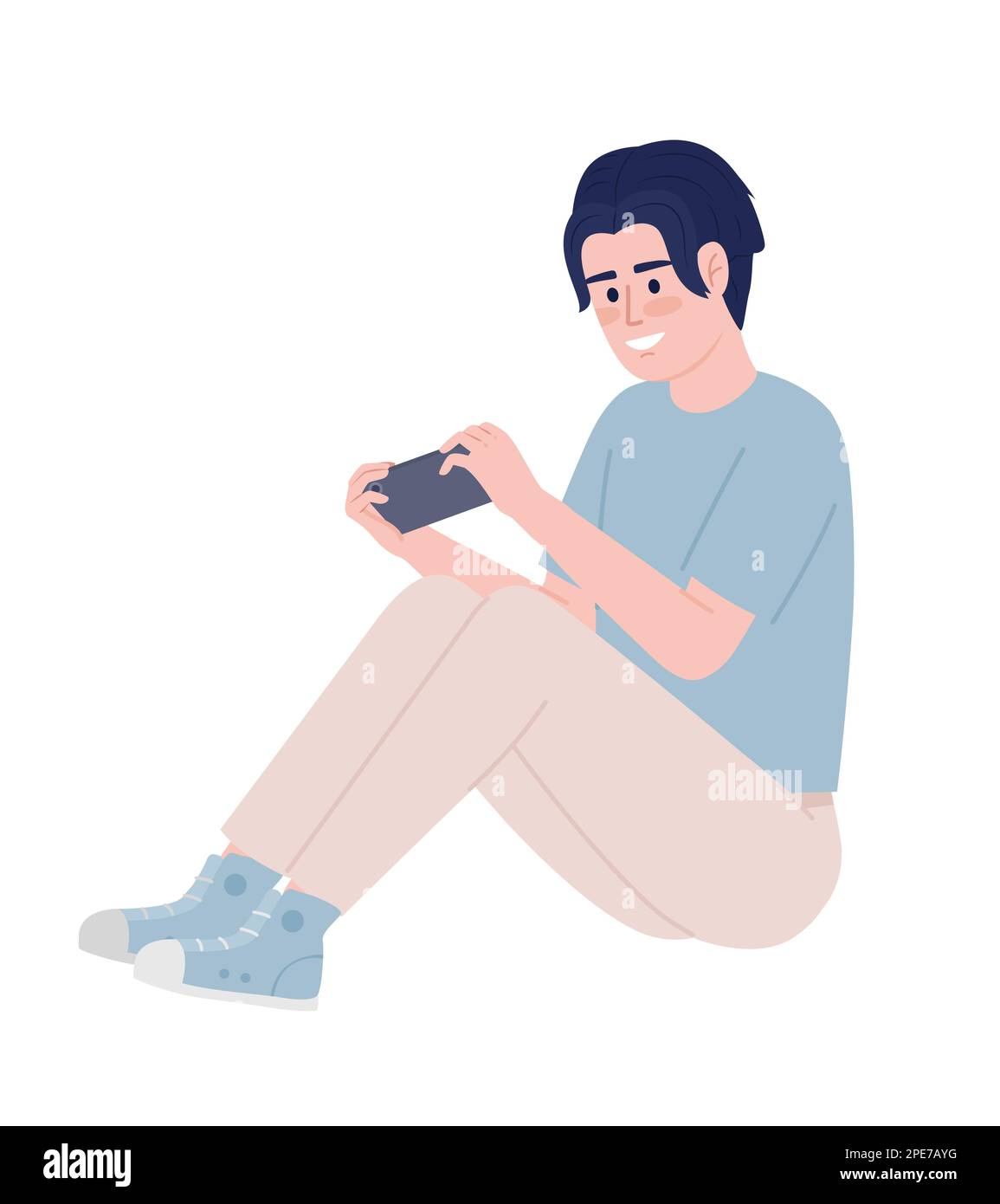 Excited young man with handheld gaming console semi flat color vector ...
