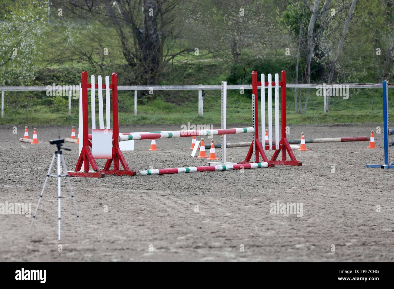 Show jumping poles obstacles, barriers, waiting for riders on show ...