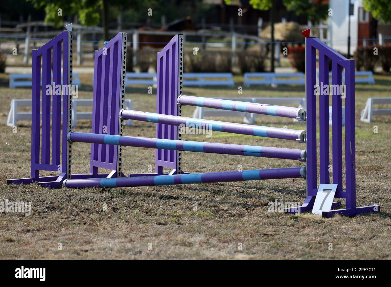 Show jumping poles obstacles, barriers, waiting for riders on show ...