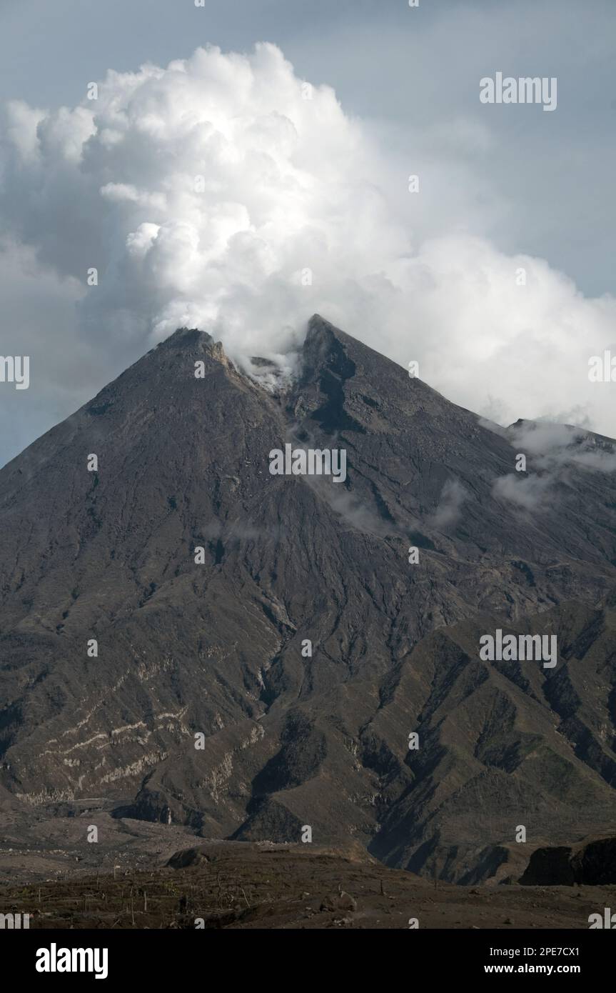 Recently erupted volcano with ash clouds, Mount Merapi, Central Java ...