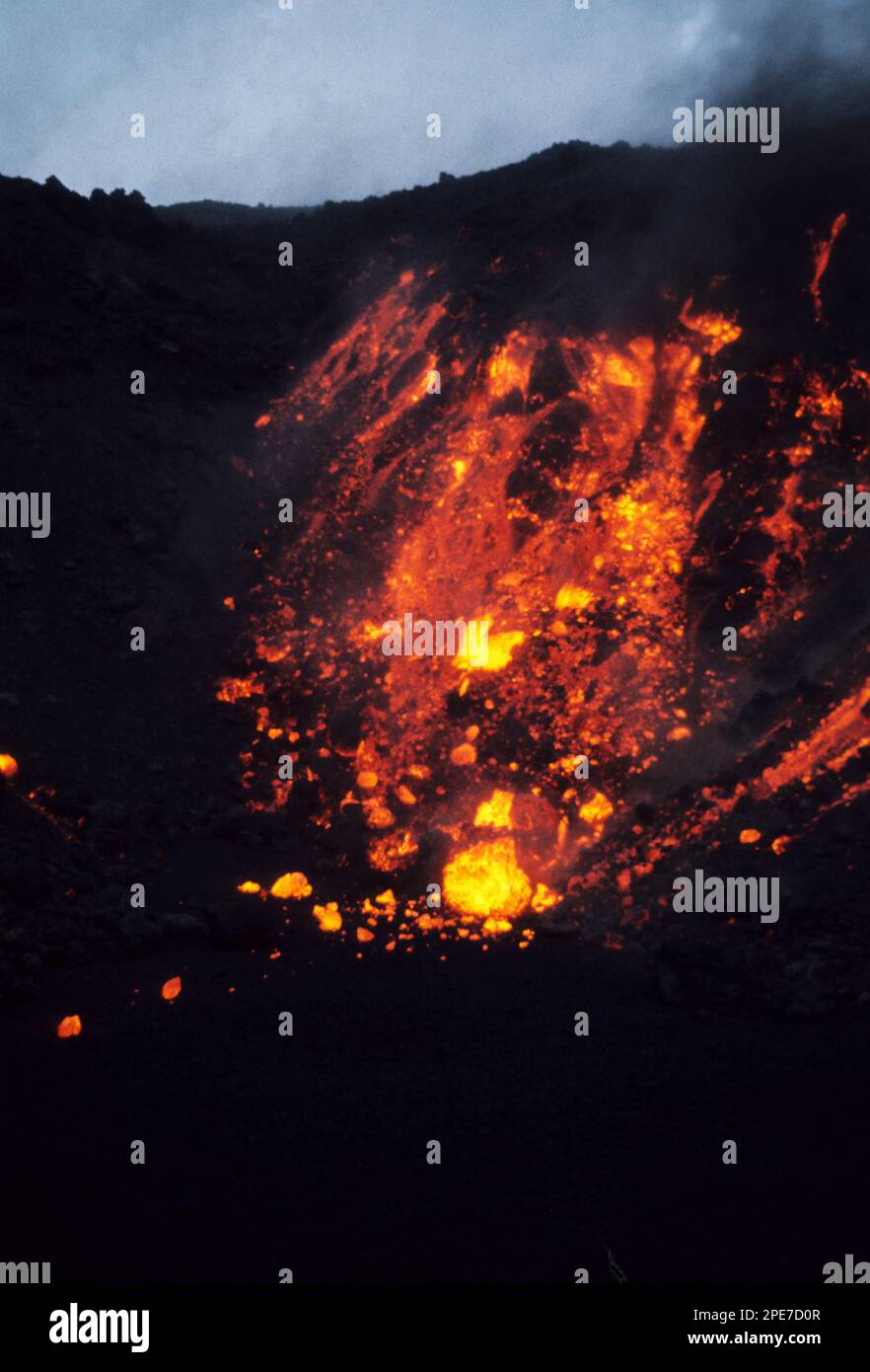 Volcanic eruption with lava flow, Eldfell volcano, Heimaey, Westman ...