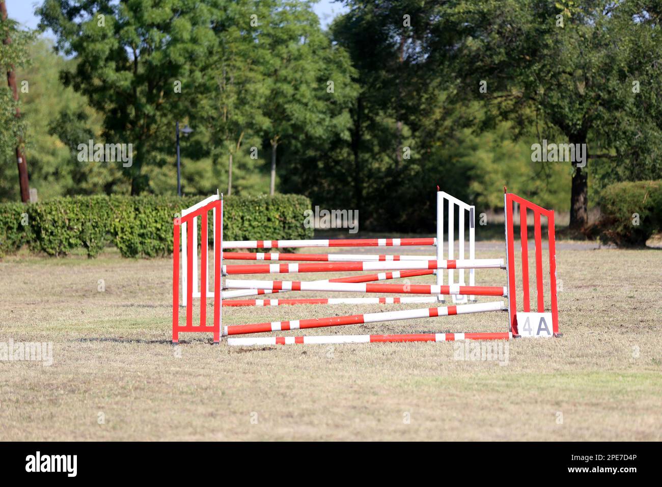 Show jumping poles obstacles, barriers, waiting for riders on show ...
