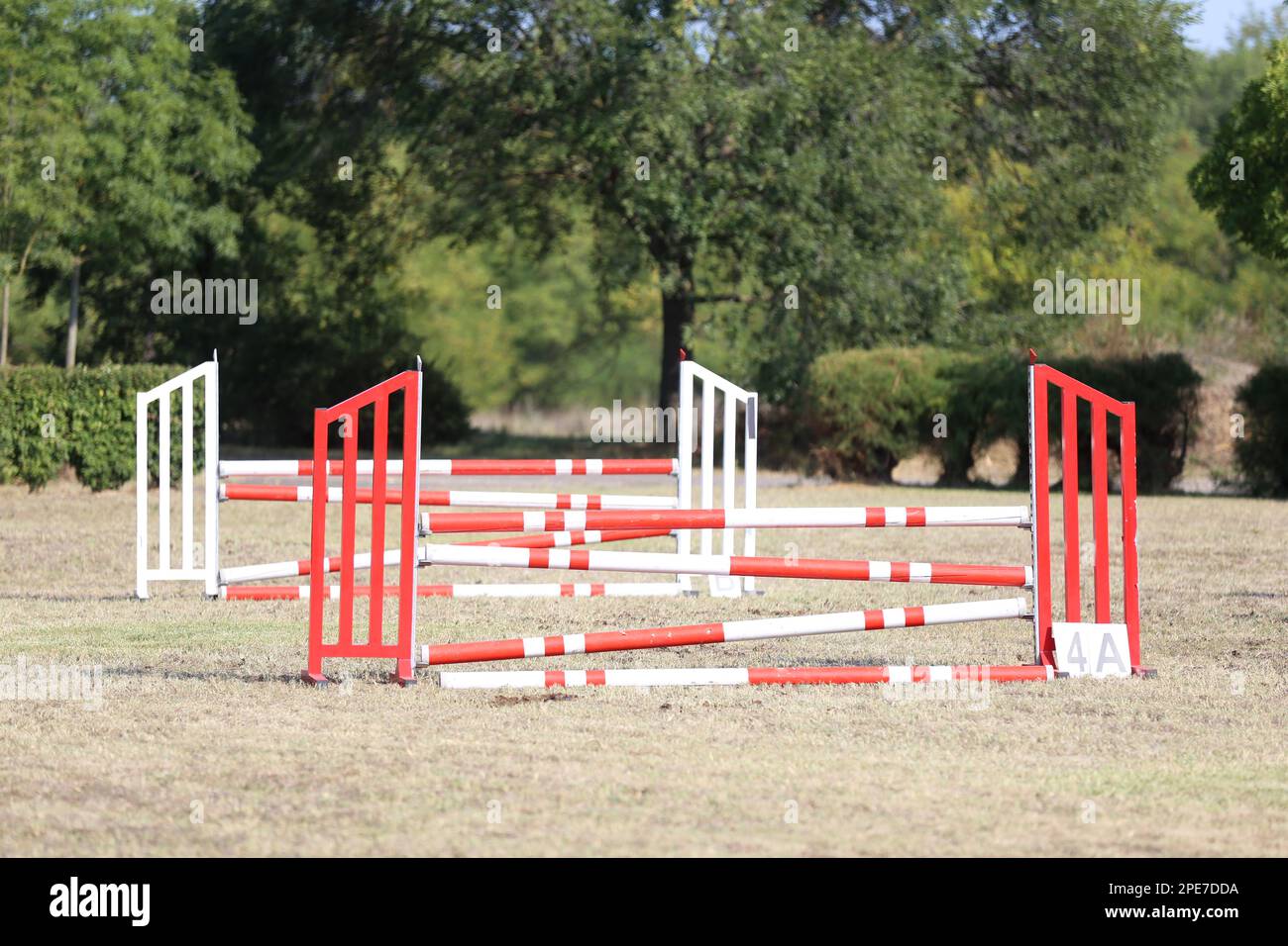 Show jumping poles obstacles, barriers, waiting for riders on show ...