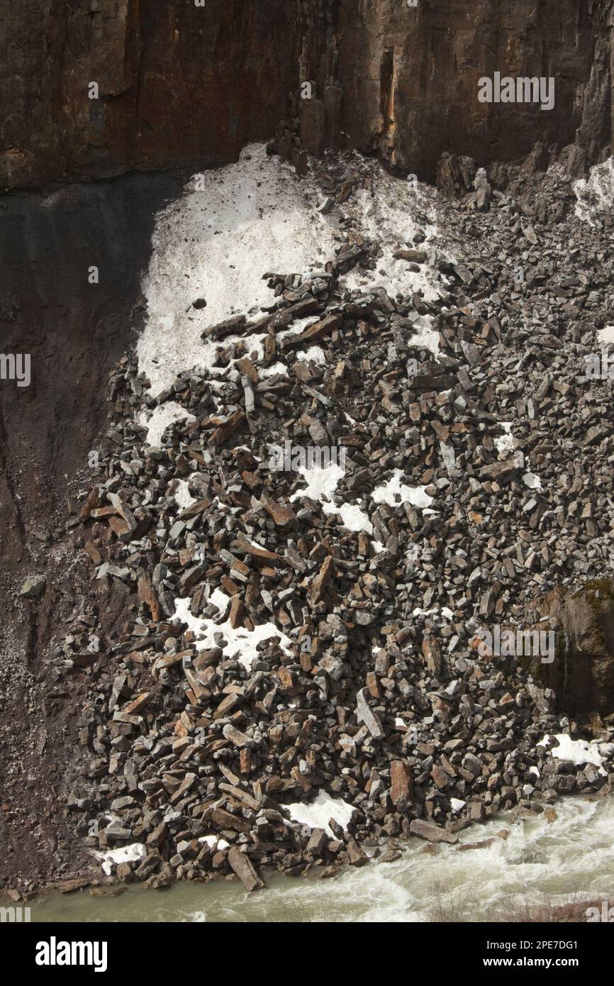 Basalt rocks, scree slopes and mountain river, Truso valley, near the ...