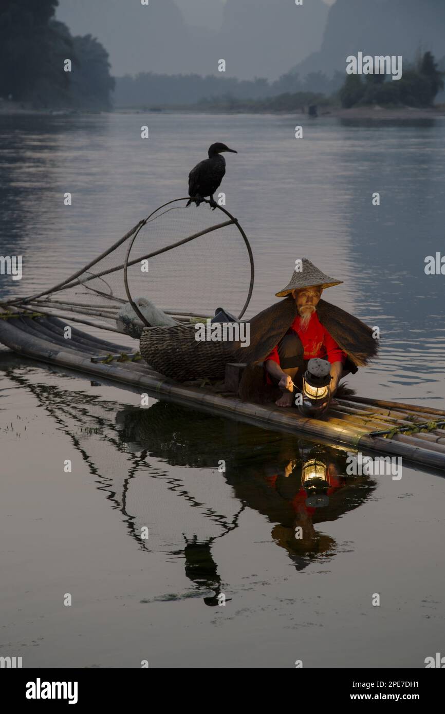 Traditional fisherman with trained cormorants, lighting lamp on bamboo ...
