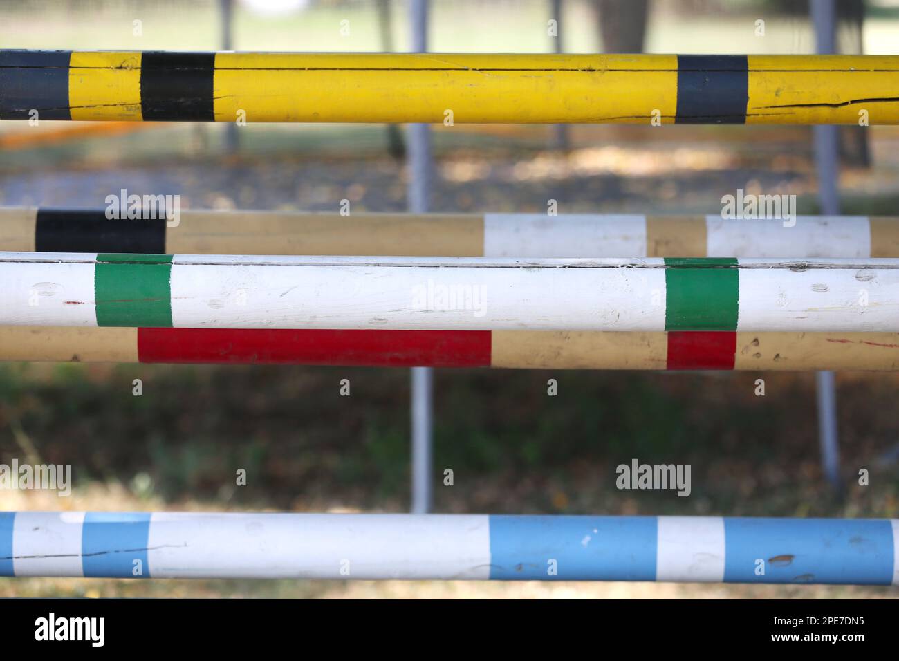Show jumping poles obstacles, barriers, waiting for riders on show ...