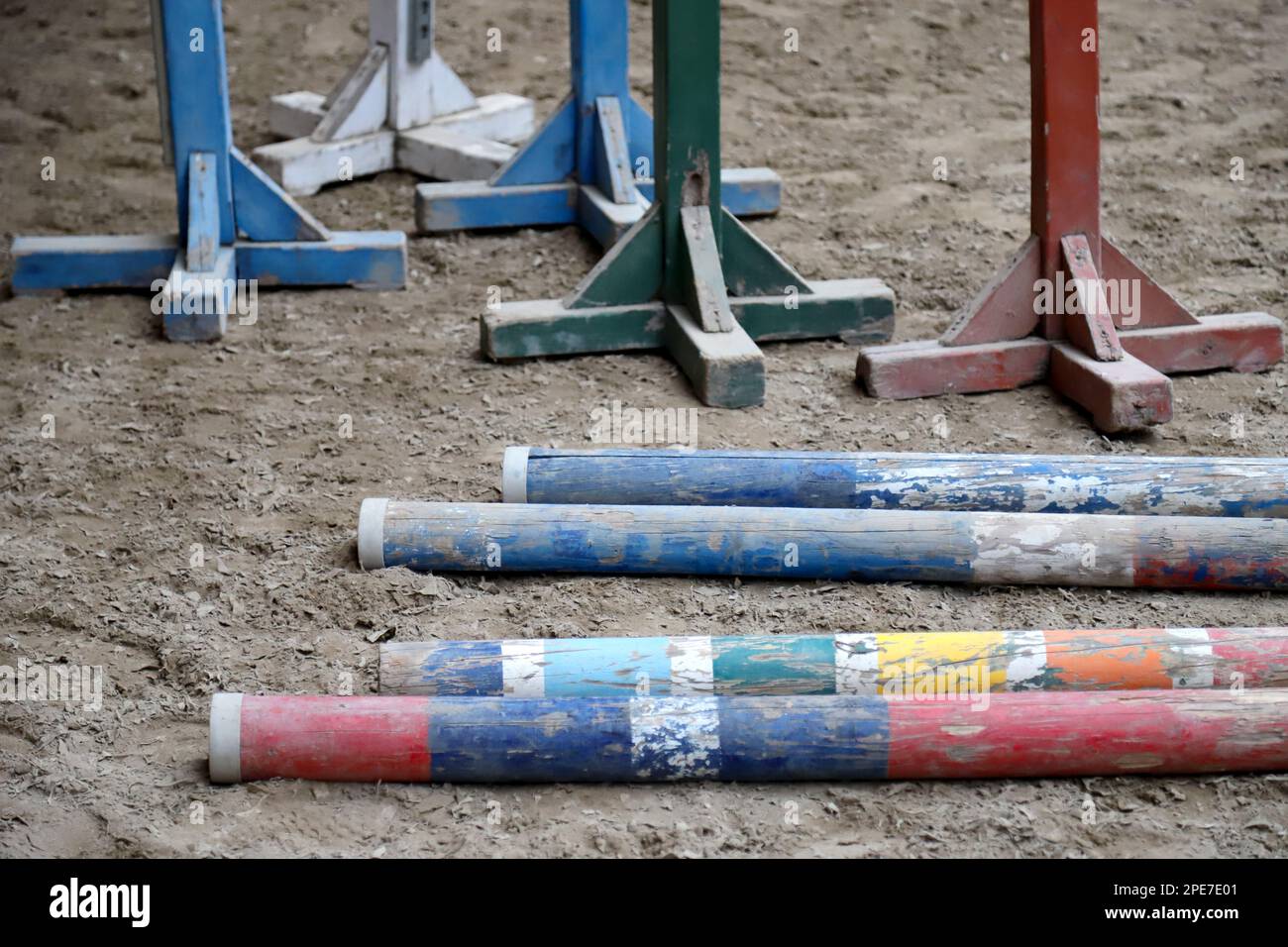 Show jumping poles obstacles, barriers, waiting for riders on show ...