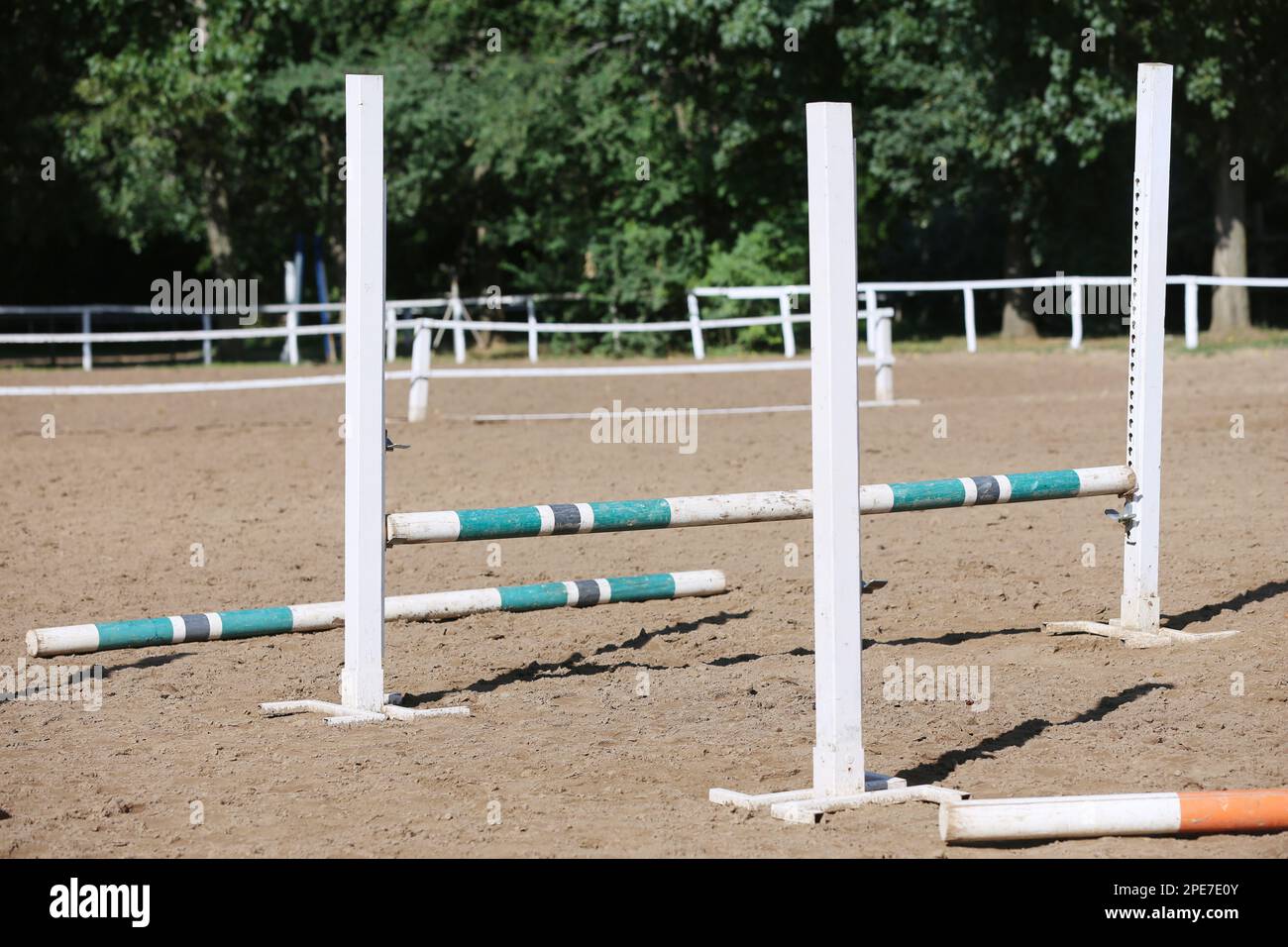 Show jumping poles obstacles, barriers, waiting for riders on show ...