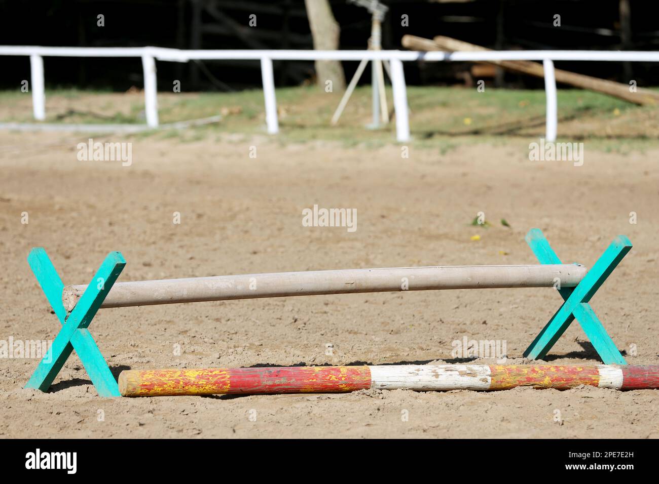 Show jumping poles obstacles, barriers, waiting for riders on show ...
