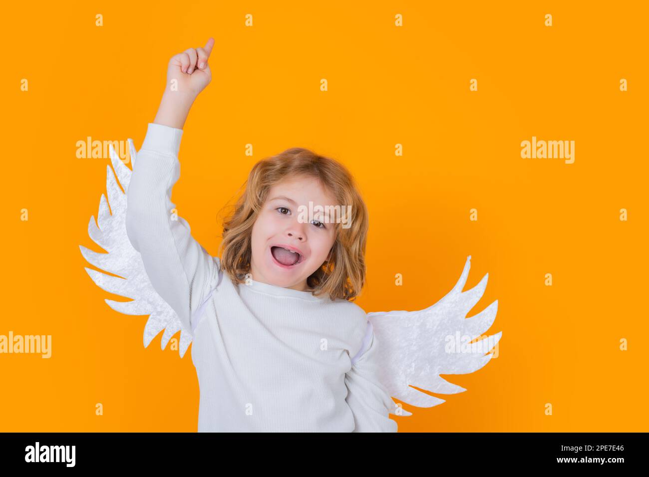 Excited little angel, amazed kids. Kid wearing angel costume white ...