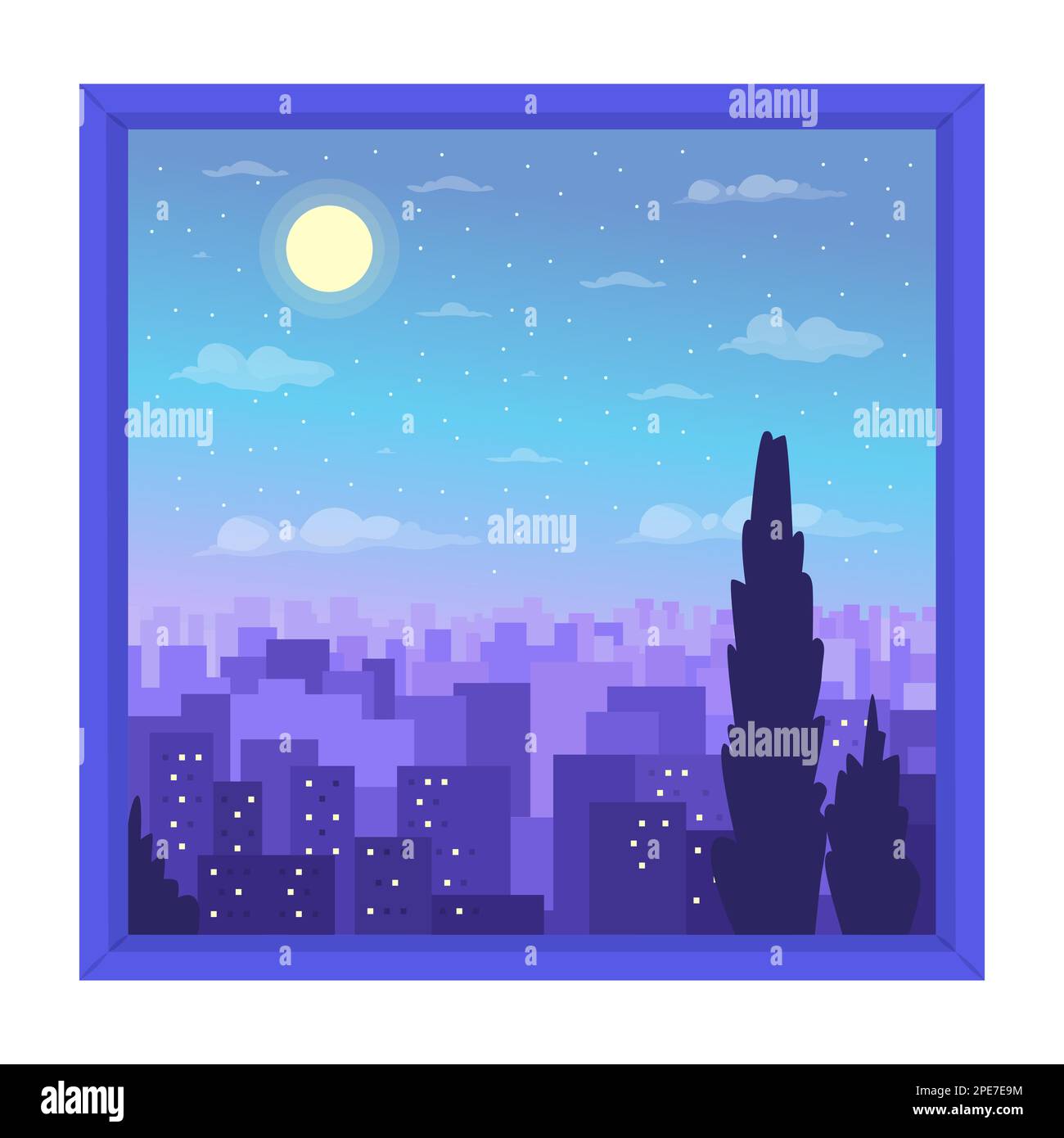 Nighttime cityscape view from window semi flat color vector icon Stock ...