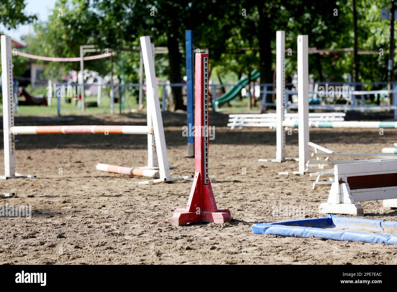 Show jumping poles obstacles, barriers, waiting for riders on show ...