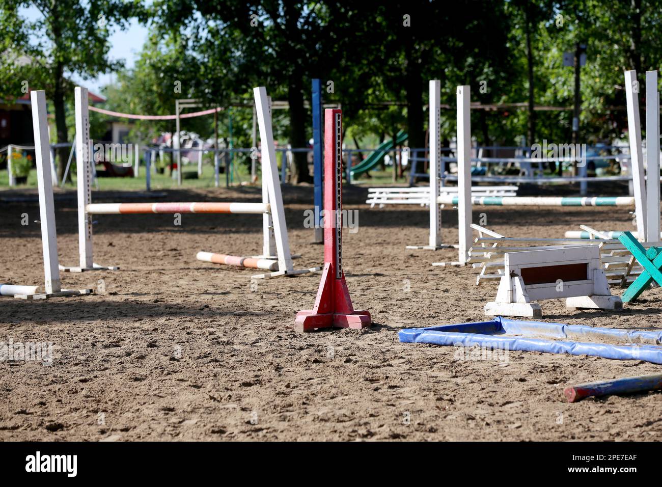 Show jumping poles obstacles, barriers, waiting for riders on show ...