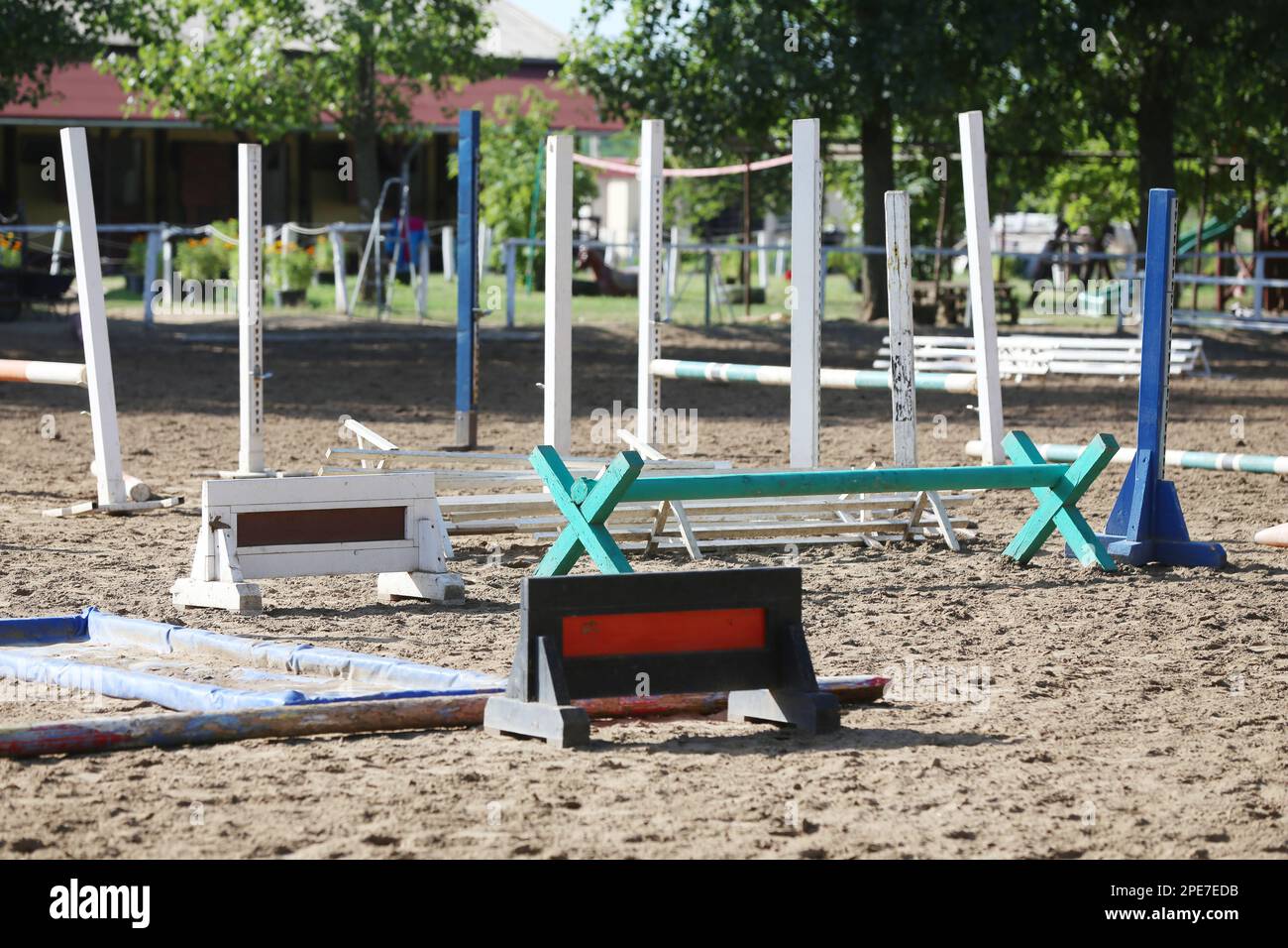 Show jumping poles obstacles, barriers, waiting for riders on show ...
