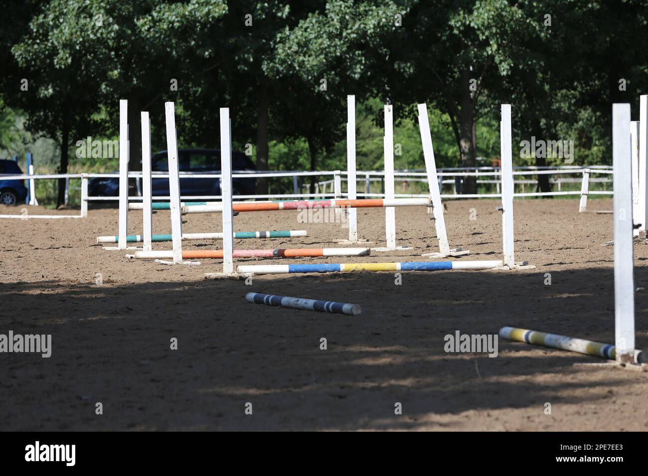 Show jumping poles obstacles, barriers, waiting for riders on show ...