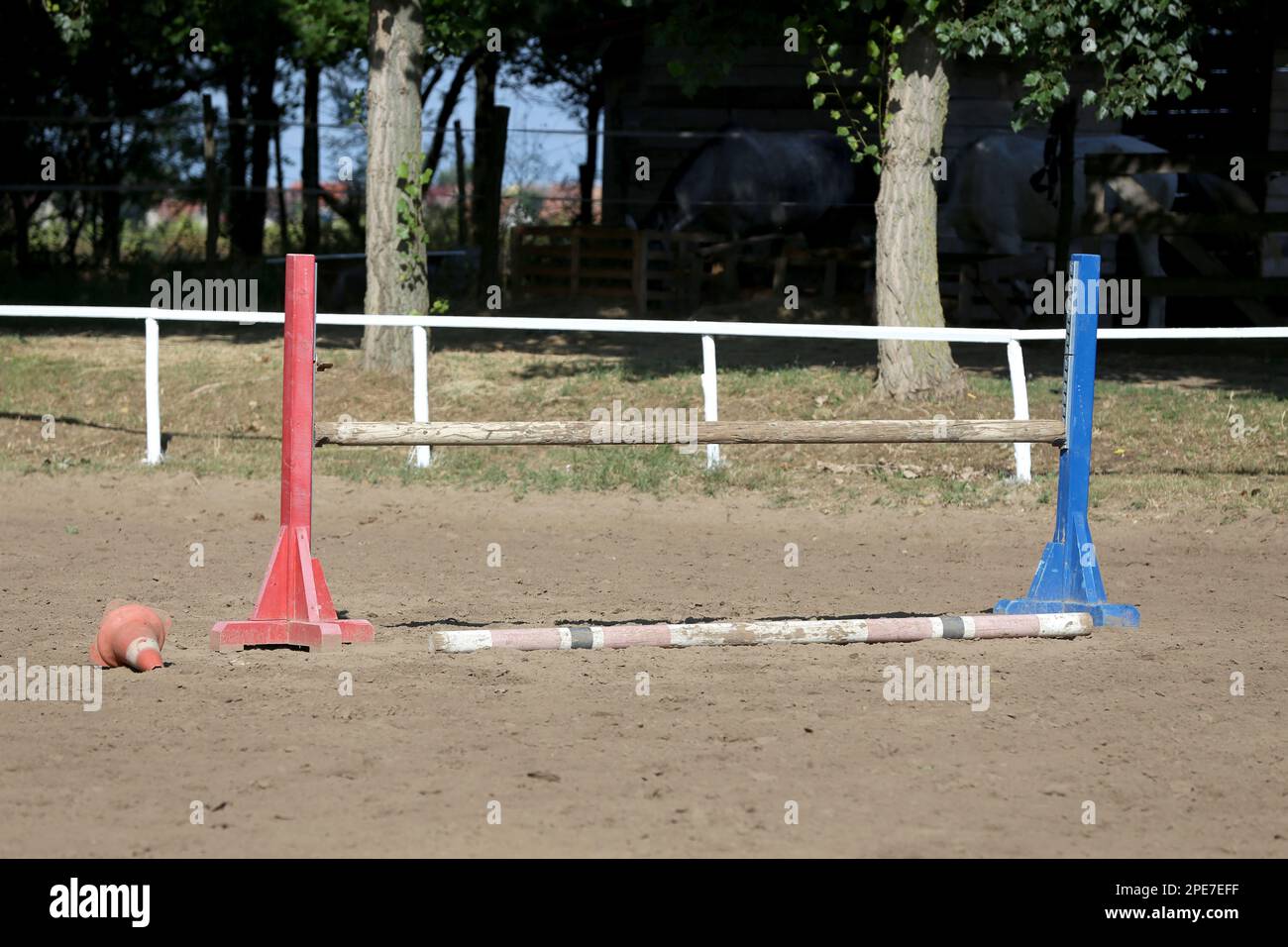 Show jumping poles obstacles, barriers, waiting for riders on show ...