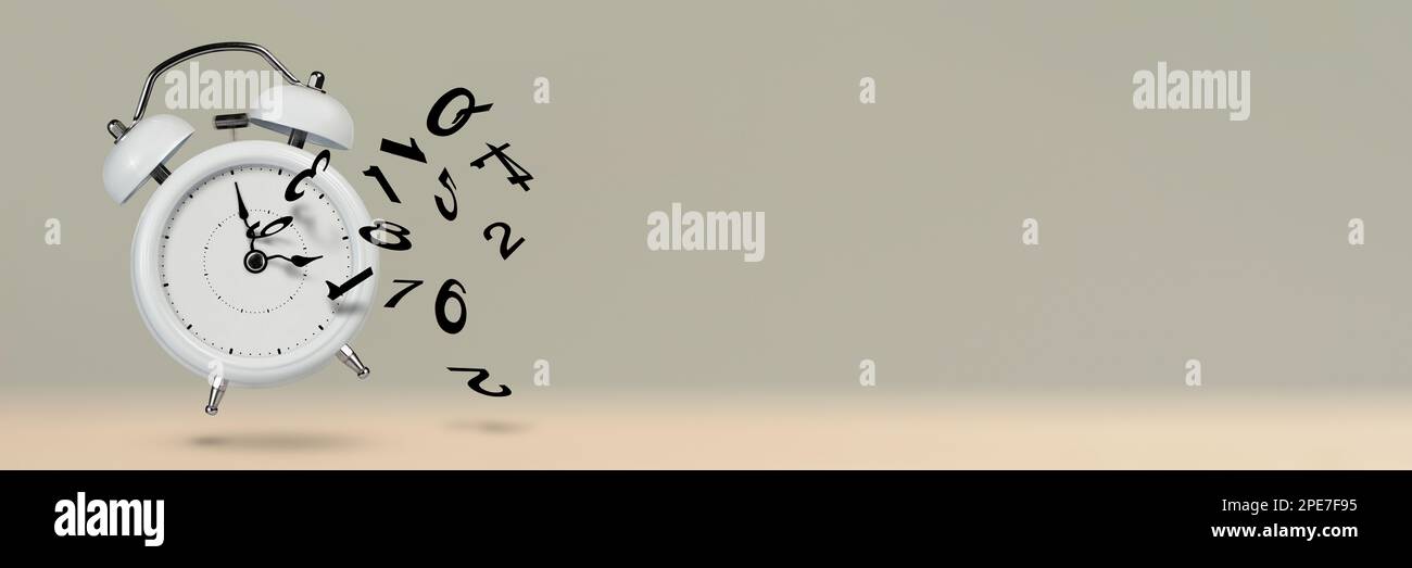 Time is running out. White alarm clock with flying numbers as a symbol ...