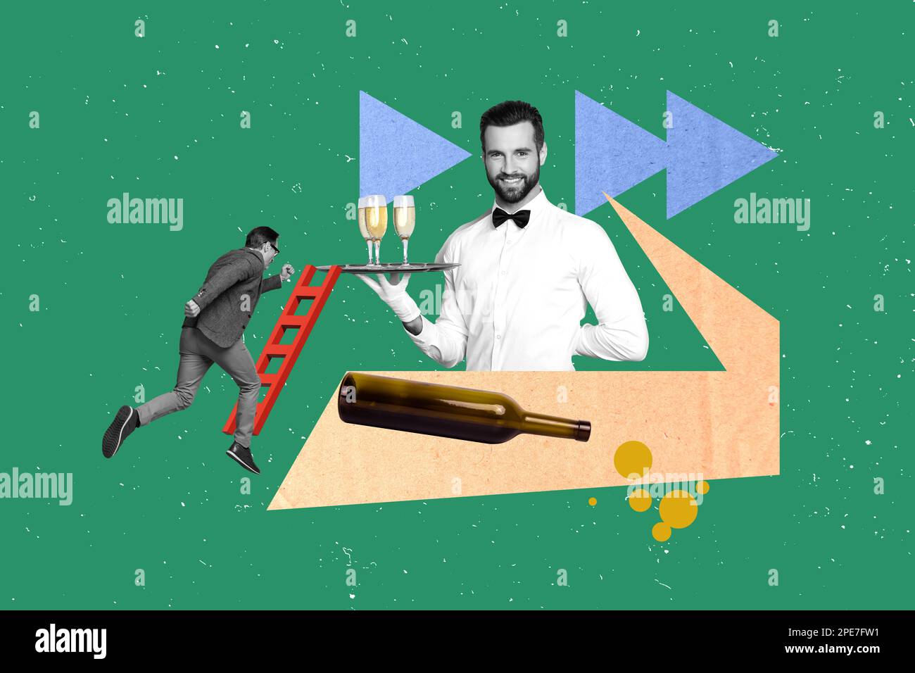 Creative collage picture of elegant waiter hold champagne glass tray ...