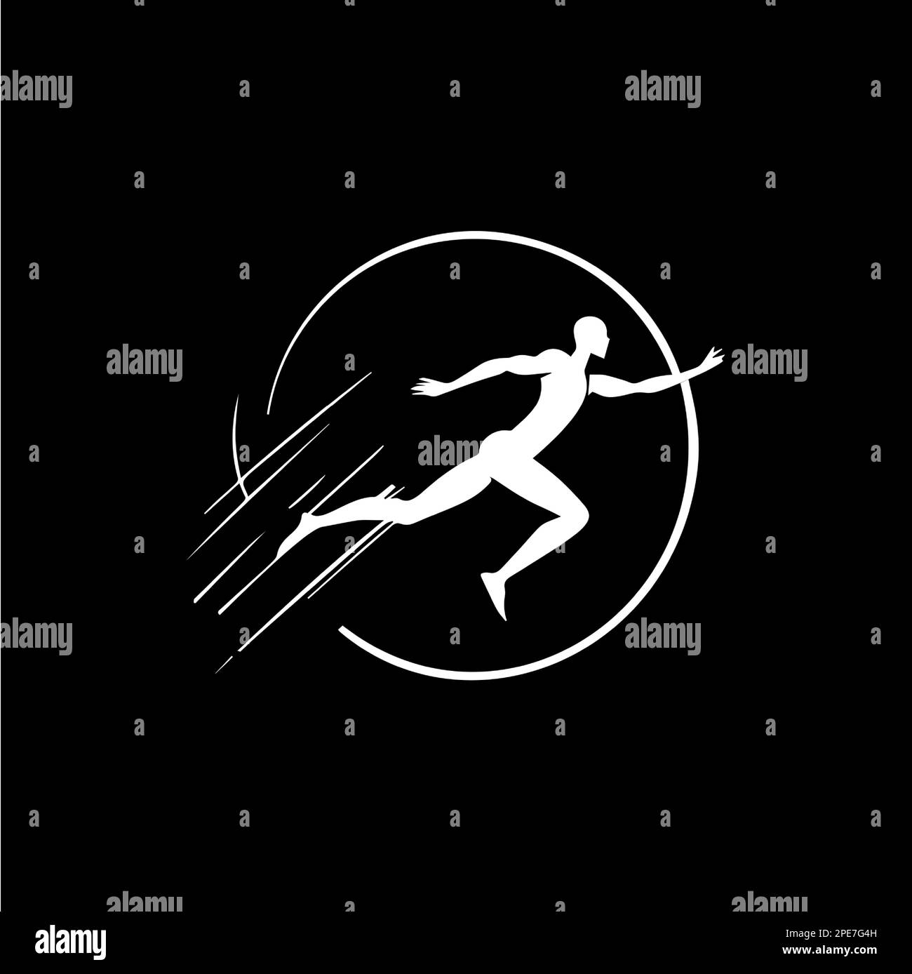 White icon of runner or jumper silhouette on black background, sport ...