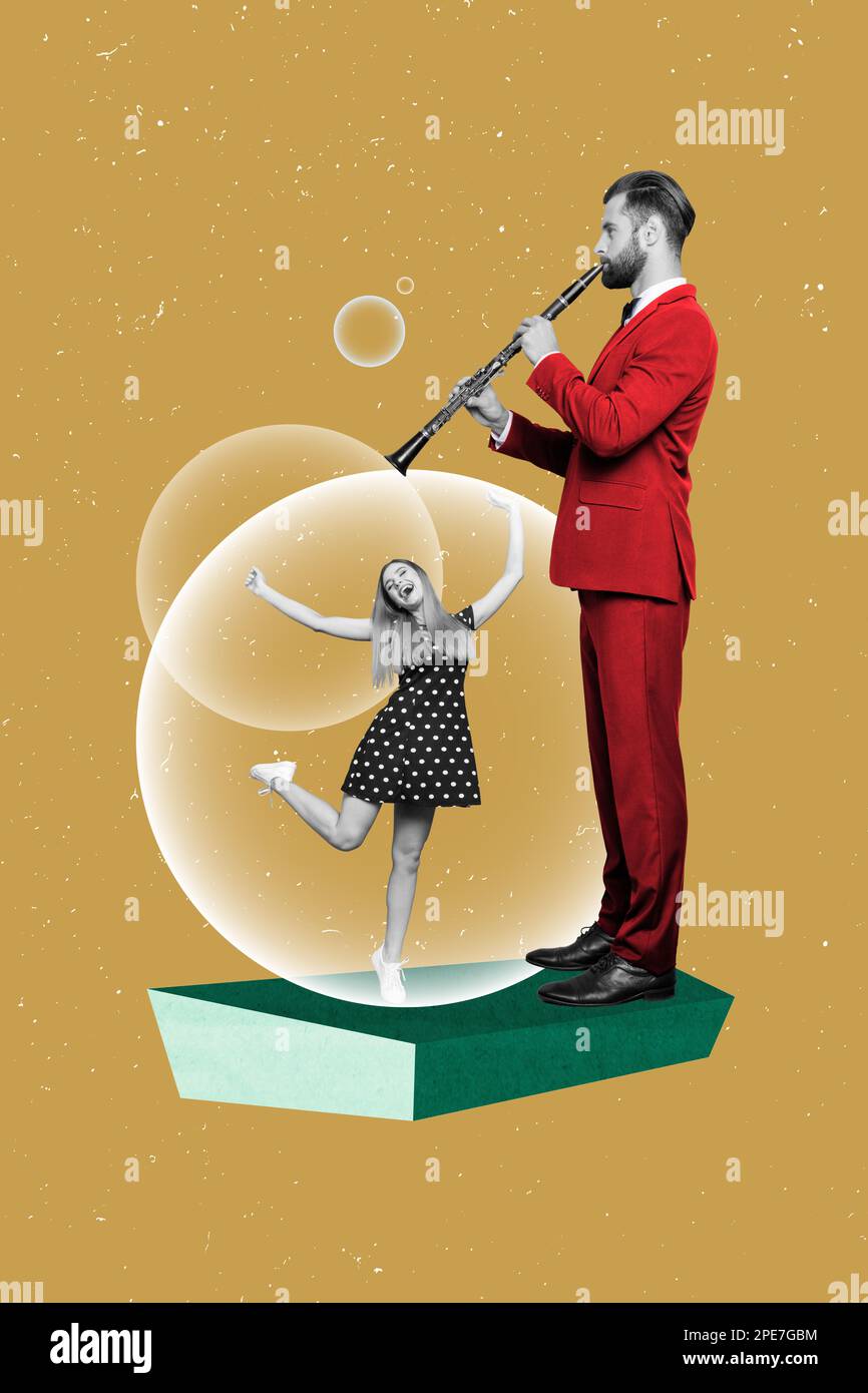 Vertical collage picture of black white colors guy play flute mini girl ...