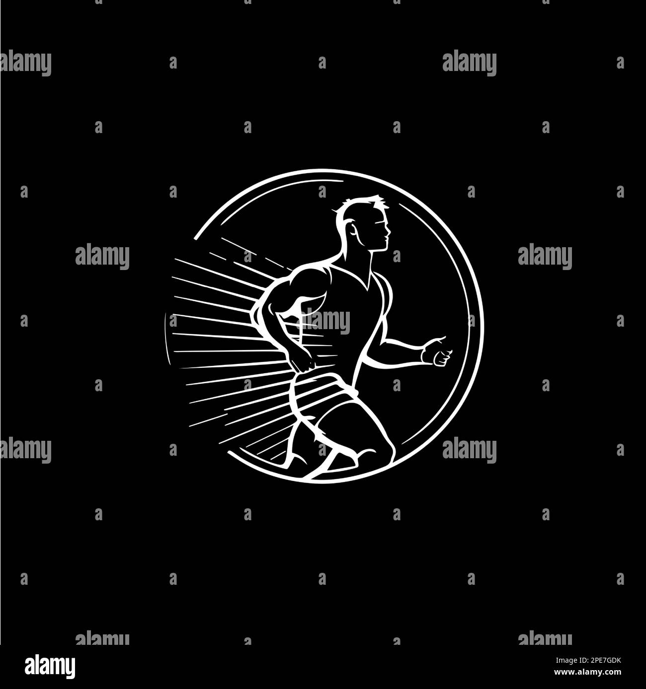 White icon of runner silhouette on black background, sport logo ...